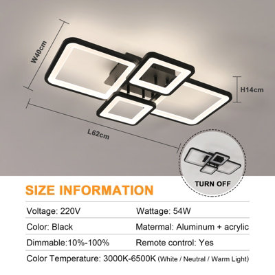 Goeco Square LED Ceiling Light - 54W 220V, 62x40cm Black, Acrylic