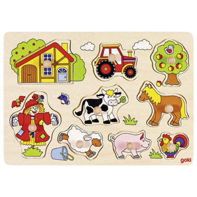Goki Lift-Out Wooden Puzzle Farm Animals - Scarecrow Apple Tree Pig