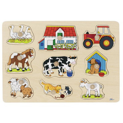 Goki Lift-Out Wooden Puzzle Farm Animals - Tractor Horse Ducks Cat