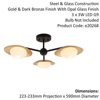GOLD & BRONZE SEMI FLUSH 3 BULB CEILING LIGHT - PEBBLE SHAPED OPAL ...