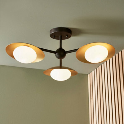 GOLD & BRONZE SEMI FLUSH 3 BULB CEILING LIGHT - PEBBLE SHAPED OPAL ...