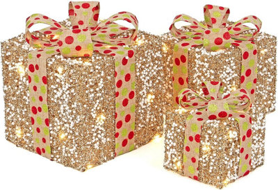 GOLD GLITTER CHRISTMAS GIFT BOXES, 3-PACK, BATTERY-POWERED, WHITE BERRY ...