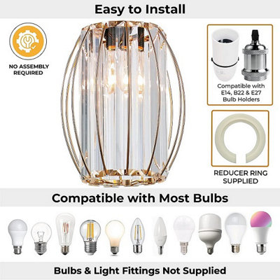 Gold Metal K9 Crystal Light Shade 16cm x 20cm, Cylinder Shape with Oval ...