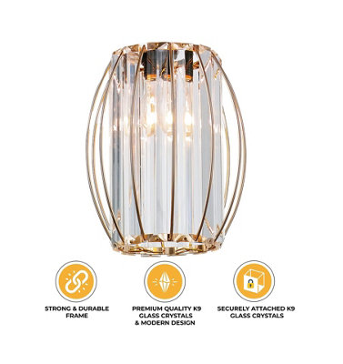 Gold Metal K9 Crystal Light Shade 16cm x 20cm, Cylinder Shape with Oval ...