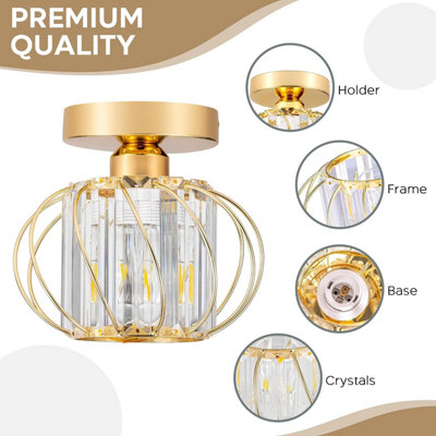 Gold Modern Crystal Ceiling Light, E27 Semi-Flush