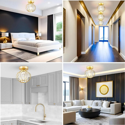 Gold Modern Crystal Ceiling Light, E27 Semi-Flush