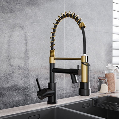 Gold Stainless Steel Side Lever Kitchen Spring Neck Faucet Dual Spouts ...