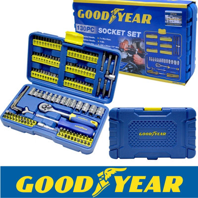 Goodyear 130pc Socket Set + Screwdriver Bits Including 72-teeth Ratchet ...