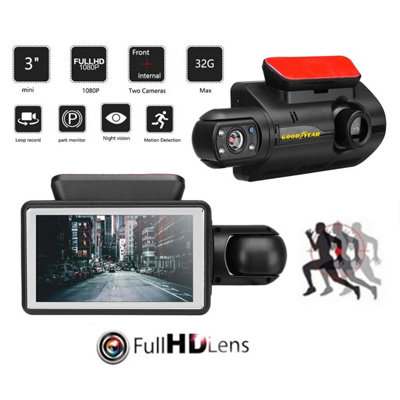 Goodyear Dual Lens Car Dash Cam with Front Rear Internal Camera HD ...