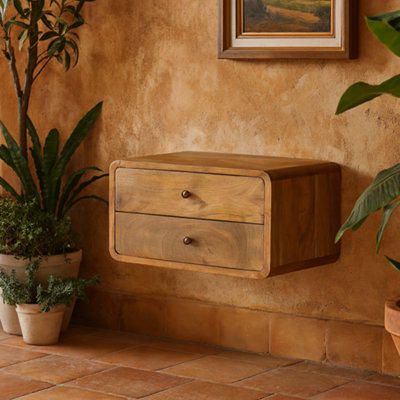 Gradara Mango Wood 2-Drawer Floating Bedside Table, Natural Oak Finish