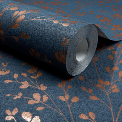 Grandeco Calluna Delicate Metallic Sprig Blown Vinyl Wallpaper, Navy