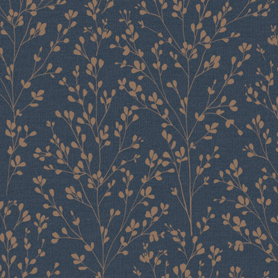 Grandeco Calluna Delicate Metallic Sprig Blown Vinyl Wallpaper, Navy