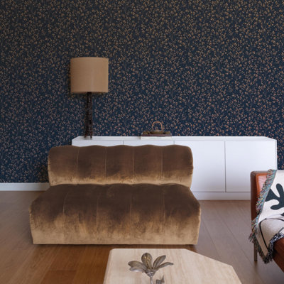 Grandeco Calluna Delicate Metallic Sprig Blown Vinyl Wallpaper, Navy