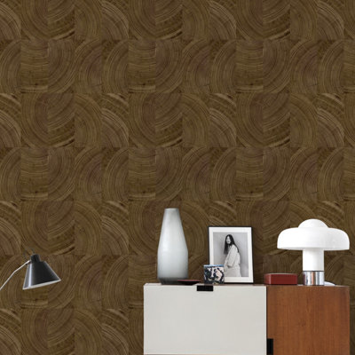 Grandeco Cambara Wood Butchers Block End Grain Textured Wallpaper, Walnut