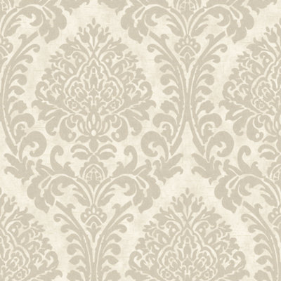 Grandeco Chenille Textured Distressed Metallic Damask Wallpaper, Cream