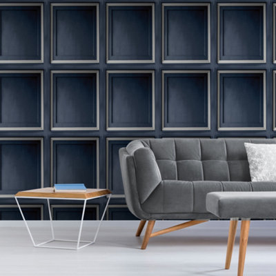 Grandeco Distressed Gilded Wood Panel Wallpaper, Navy Blue Silver