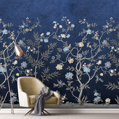 Grandeco Embroided Chinoiserie 4 Lane Repeatable Wallpaper Mural, Navy