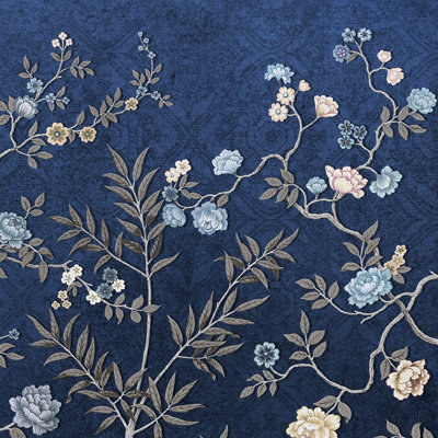 Grandeco Embroided Chinoiserie 4 Lane Repeatable Wallpaper Mural, Navy