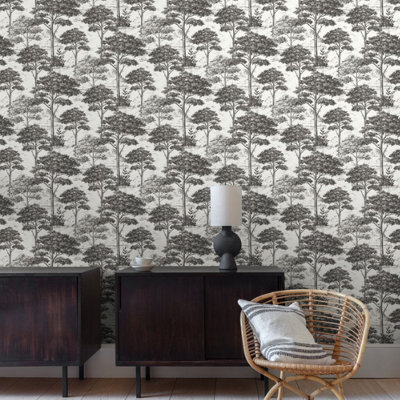 Grandeco Etched Tree Toile Textured Wallpaper, Black