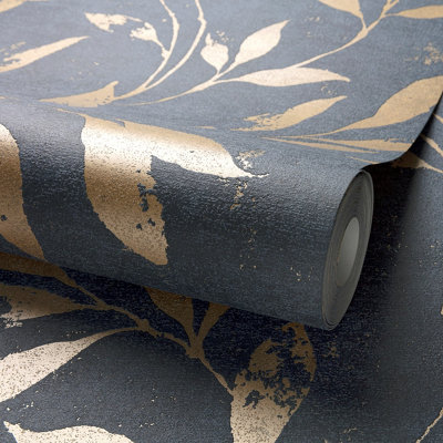 Grandeco Even Leaf Sprig Trail Blown Vinyl Textured Wallpaper, Navy ...