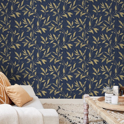 Grandeco Even Leaf Sprig Trail Blown Vinyl Textured Wallpaper, Navy ...
