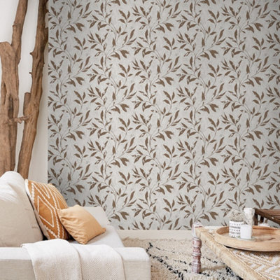 Grandeco Even Leaf Sprig Trail Blown Vinyl Textured Wallpaper, Neutral ...