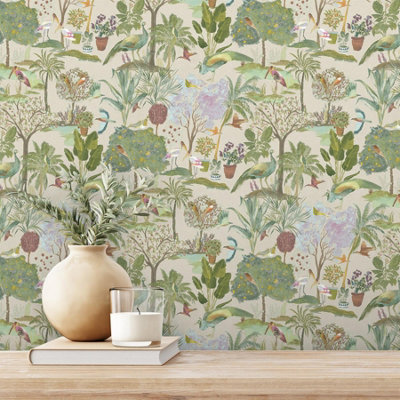 Grandeco Exotic Garden Cream Wallpaper Birds Botanical Paste The Paper ...