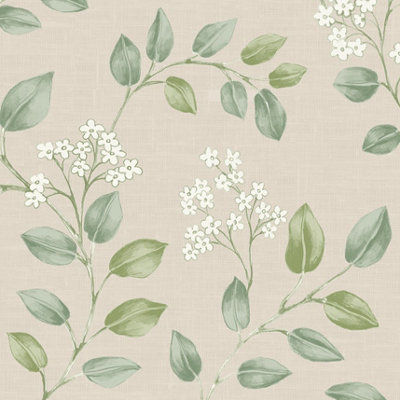 Grandeco Forget Me Not Leaf Trail Smooth Paper, Neutral Green