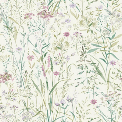 Buy Grandeco Free Flower Sprigs and Grass Wallpaper, Pink | DIY at B&Q