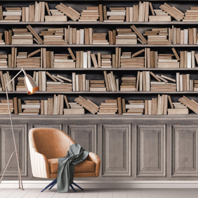 Grandeco Library Book Shelves and Panelling 3 Lane Repeatable Wallpaper ...