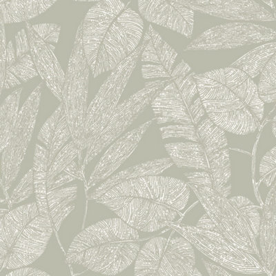 Grandeco Lorena Sketch Leaves Blown Vinyl Wallpaper, Sage