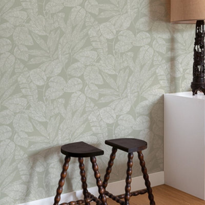 Grandeco Lorena Sketch Leaves Blown Vinyl Wallpaper, Sage
