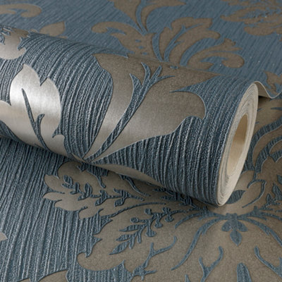 Grandeco Louisa Damask Navy & Silver metallic & glitter Textured ...