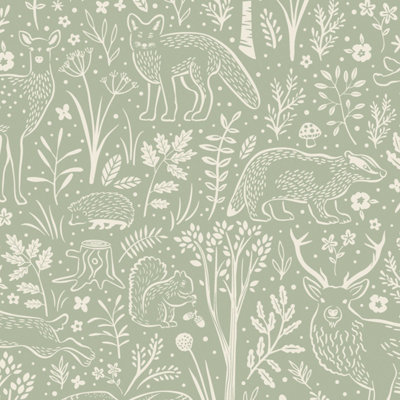 Grandeco Native Woodland Animals Nursery Textured Wallpaper, Sage Green