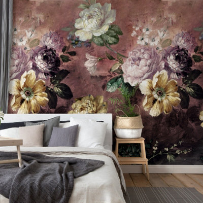 Grandeco Painted Flowers Burgundy 3 Lane Repeatable Wallpaper Mural 1. ...