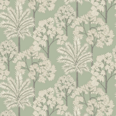 Grandeco Palm Forest Sage Green Wallpaper Metallic Leaves Paste The Wall Vinyl | DIY at B&Q