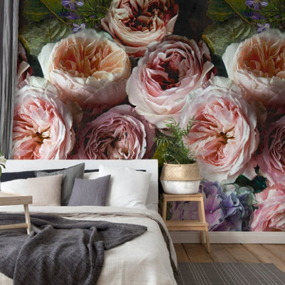 Grandeco Romantic Painted Flowers Pink 3 Lane Repeatable Wallpaper Mural 1.59 x 2.8m