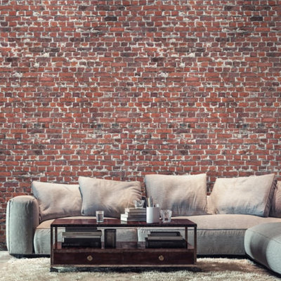 Grandeco Stable Brick Wall 3 lane repeatable Textured Mural, 2.8 x 1.59m