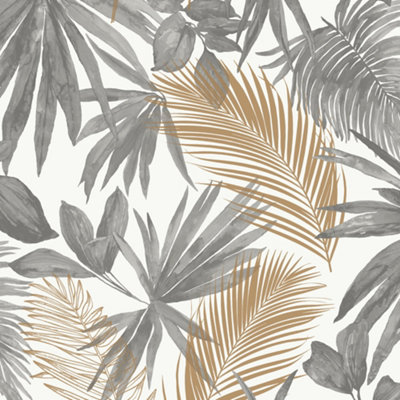Grandeco Wild Palm Grey & Copper Metallic Smooth Wallpaper, White Grey