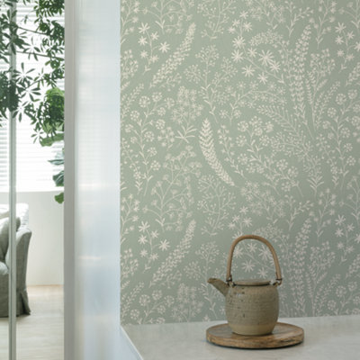 Grandecor Astrid Trail Green Floral Vinyl Wallpaper Botanical Modern