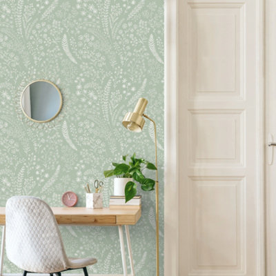 Grandecor Astrid Trail Green Floral Vinyl Wallpaper Botanical Modern