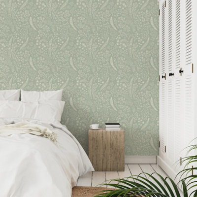 Grandecor Astrid Trail Green Floral Vinyl Wallpaper Botanical Modern