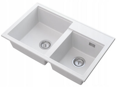Granite Double Bowl Sink Granitan Hektor with Tap Snake White and Waste Kit