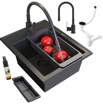 Buy Granite Kitchen Sink Granitan Nero Single Bowl with Siphone, Faucet ...