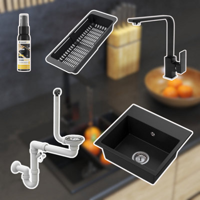 Granite Kitchen Sink Mini Single Bowl Black with Tap Drainboard and ...