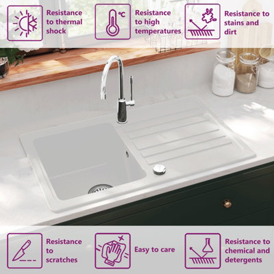 Granite Kitchen Sink Single Basin With Drainer Reversible White