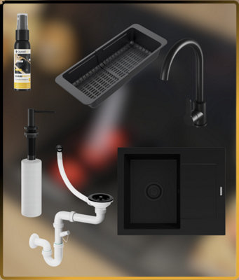 Granite Single Bowl Sink Set with Tap, Basket, Dispenser & Waste System ...