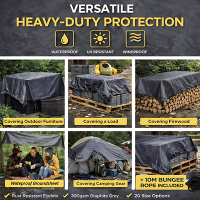 Graphite Grey Heavy Duty Tarpaulin 2 x 3 m 200 GSM Waterproof UV ...