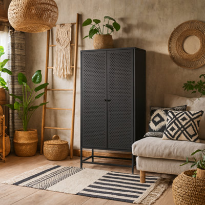 Graz Matte Black Metal Storage Cabinet 2 Doors Mesh Panels 2 Shelves ...