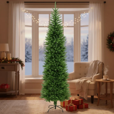 Green 7ft Pencil Slim Christmas Tree - Xmas Pine Tree with 620 Tips ...